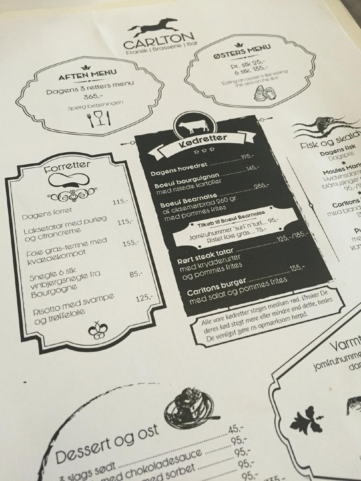 Menu at Carlton restaurant, Aarhus