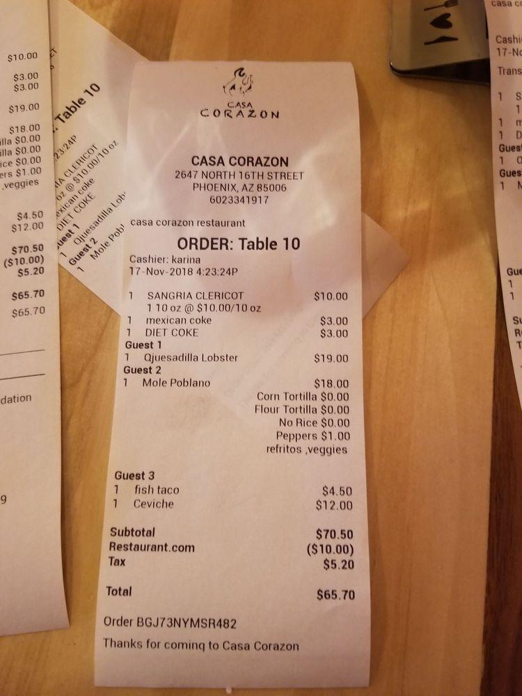 Menu at Casa Corazon Restaurant, Phoenix