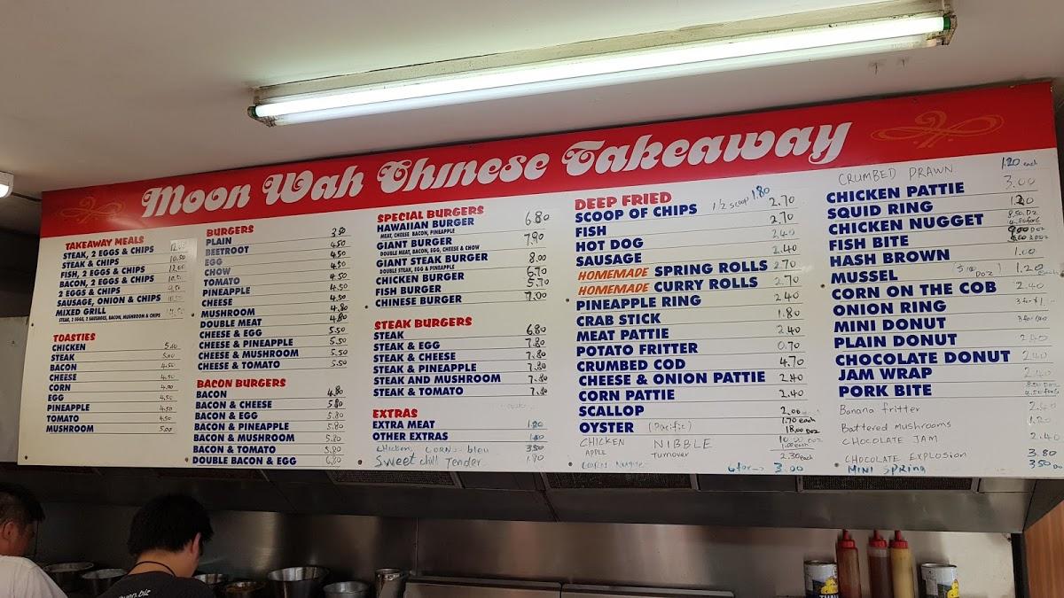 Menu at Moon Wah Takeaways restaurant, Christchurch