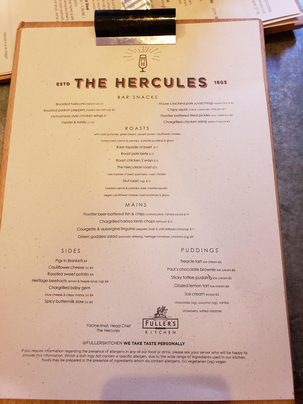 Menu at The Hercules, Lambeth pub & bar, London