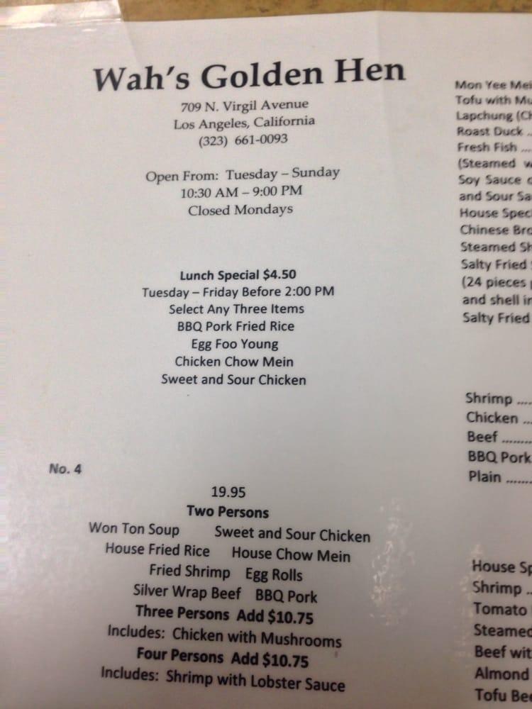 Menu at Wah's Golden Hen restaurant, Los Angeles