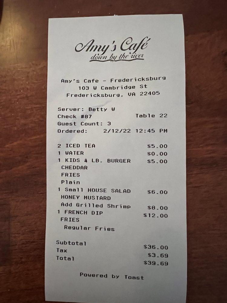 Menu at Amy's Cafe, Fredericksburg