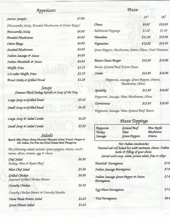 Menu at Cock & Bull Villa Roma restaurant, La Grande