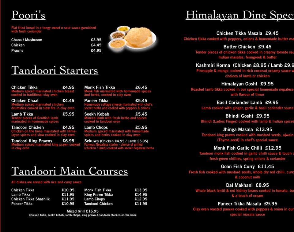 Menu at Himalayan Dine Shawlands restaurant, Glasgow, 71 Kilmarnock Rd