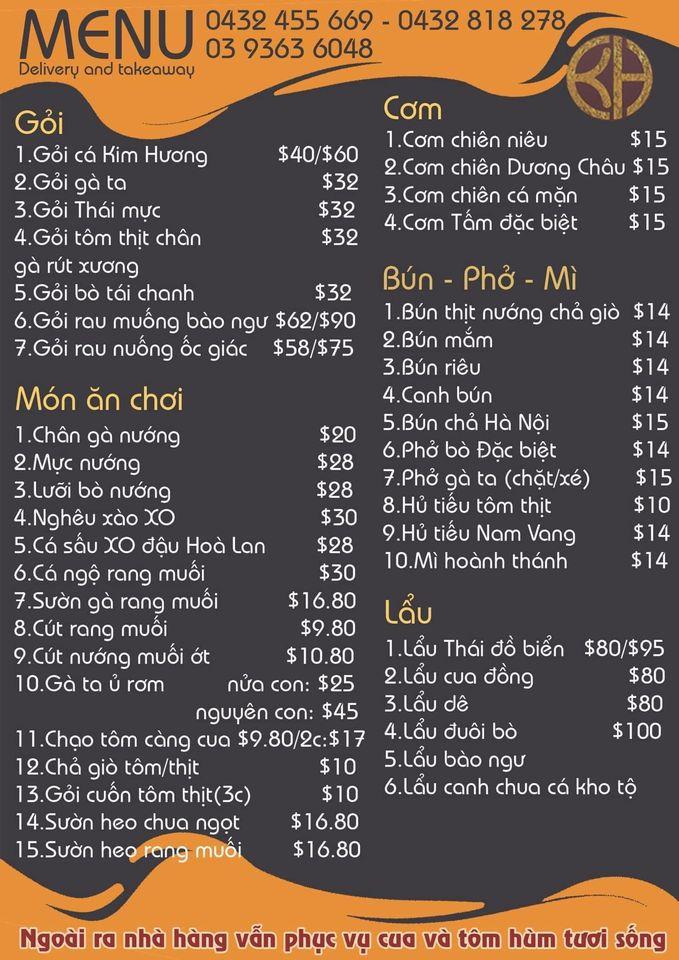 Menu at Kim Huong restaurant, Cairnlea
