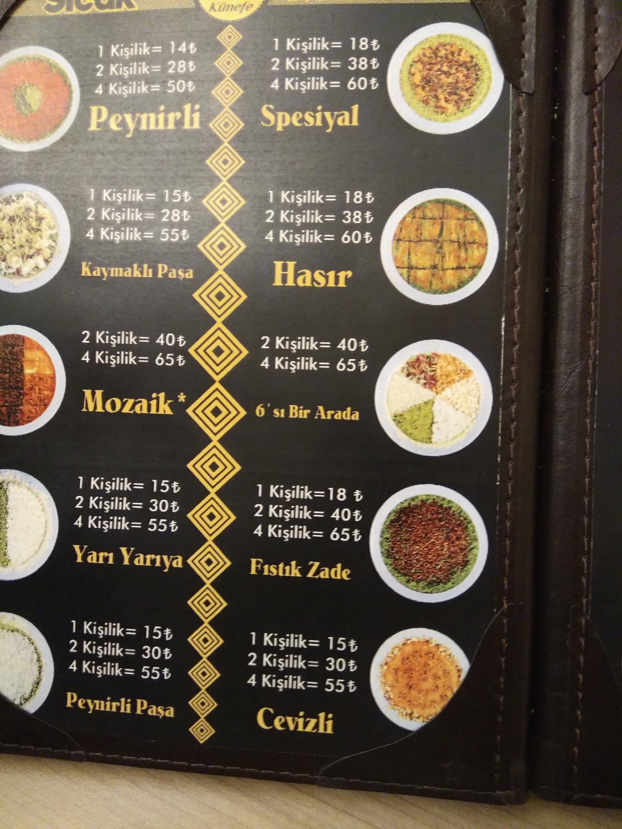 Menu at Mozaik Künefe restaurant, Izmit, Gazi Mustafa Kemal Blv.