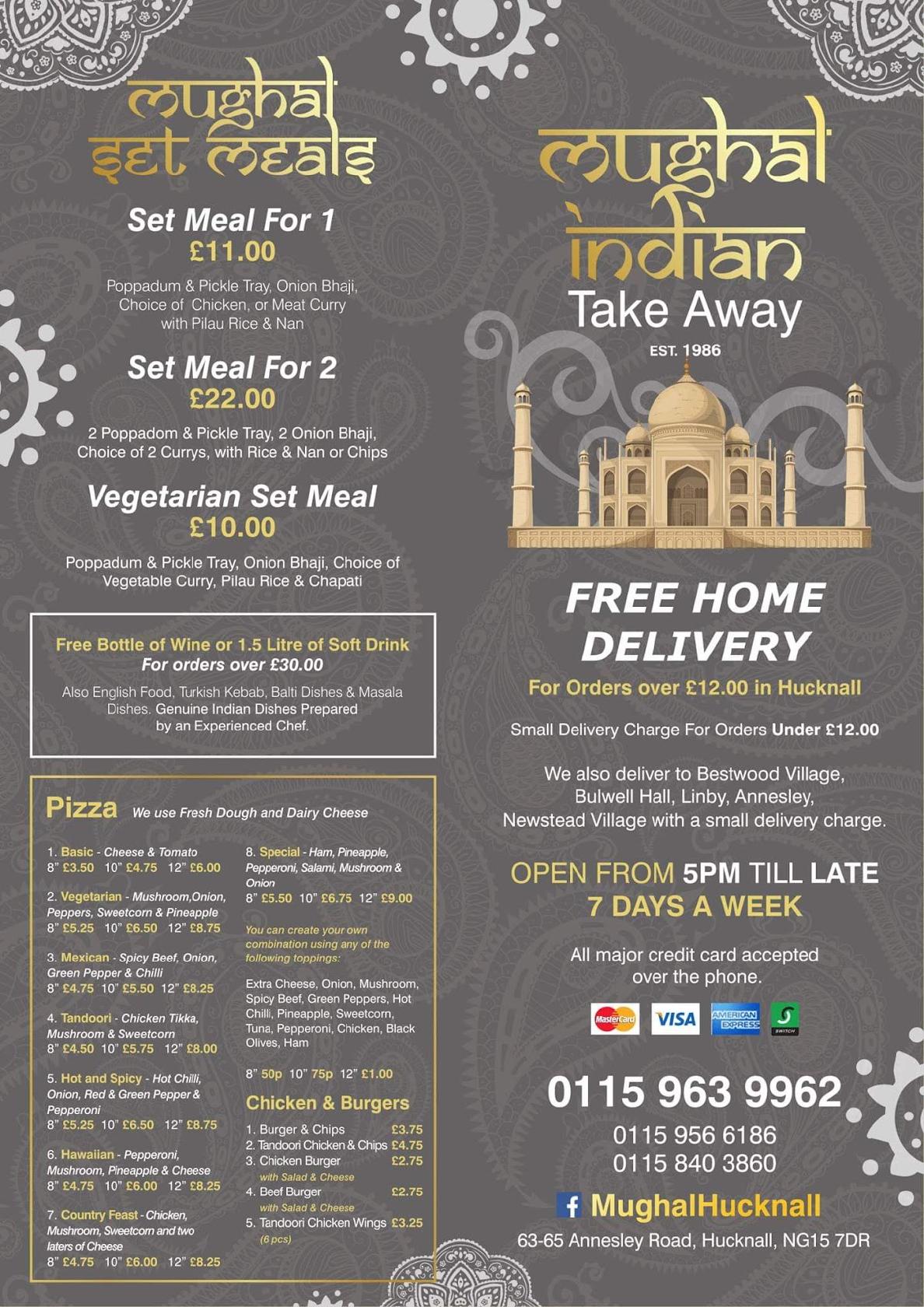 Menu at Mughal Indian Takeaway and Restaurant, Hucknall