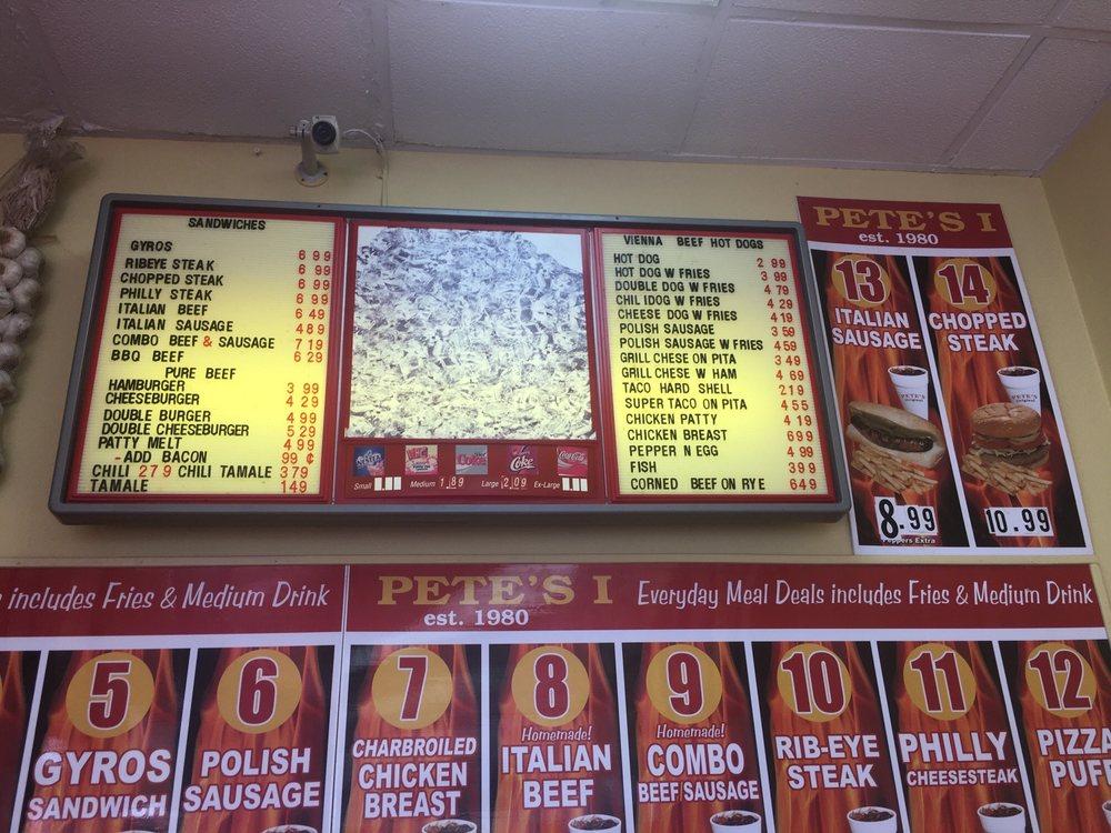 Menu at Pete's Red Hots restaurant, Oak Park, Roosevelt Rd
