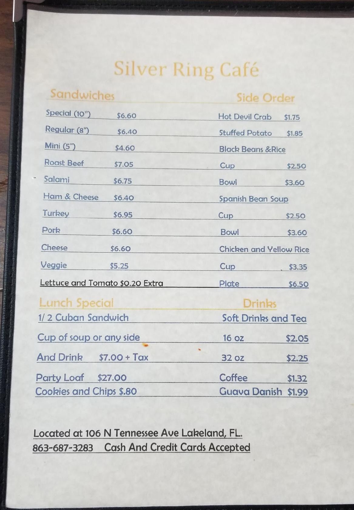 Menu at Ybors Cuban Cafe, Lakeland
