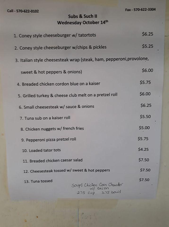 Menu at Subs N' Such restaurant, Pottsville