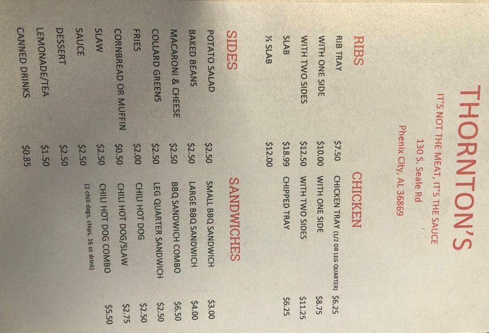 Menu at Thornton’s BBQ, Phenix City