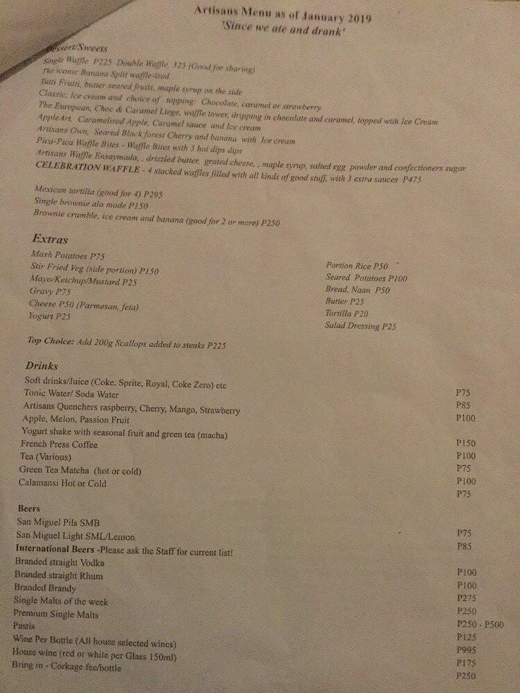 Menu at Artisans steakhouse, Puerto Princesa, Rizal Avenue