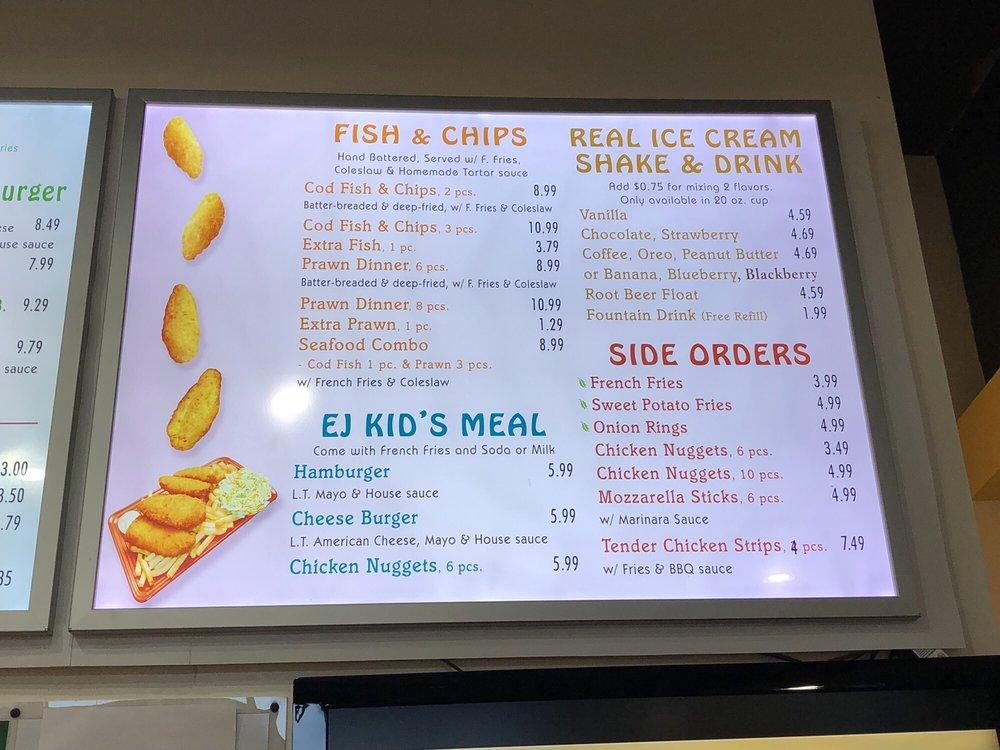 Menu at EJ Burger restaurant, Cathcart