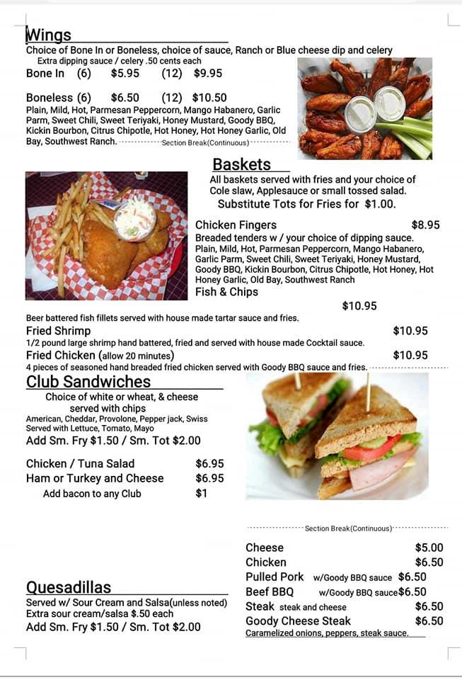 Menu at Goodwill Social Club, Myerstown