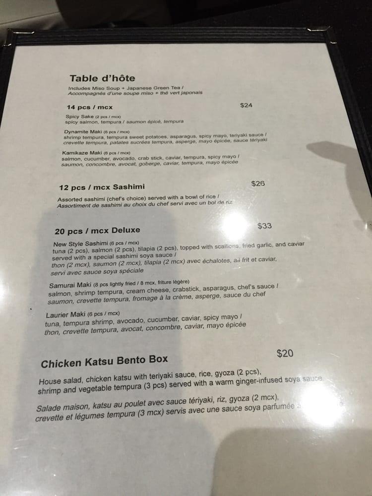 Menu at Shinka Sushi Bar, Ottawa