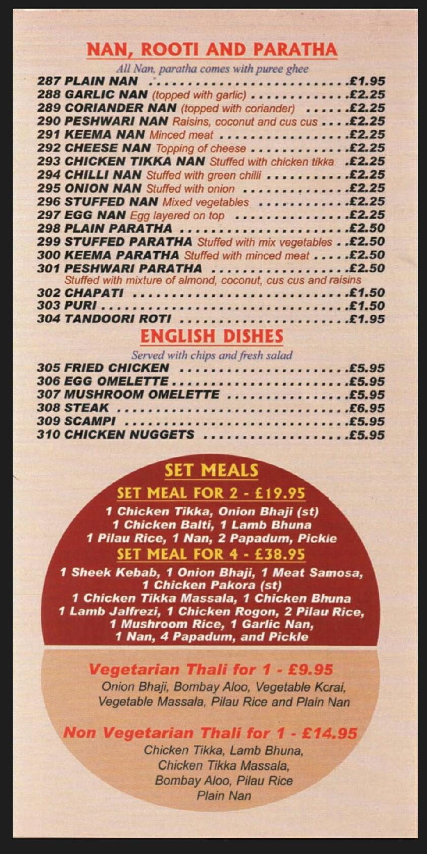 Menu at Spices restaurant, Hartlepool