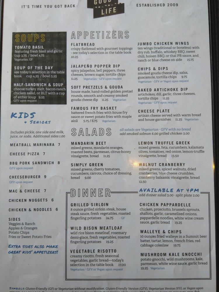 Menu at The Good Life Cafe, Park Rapids