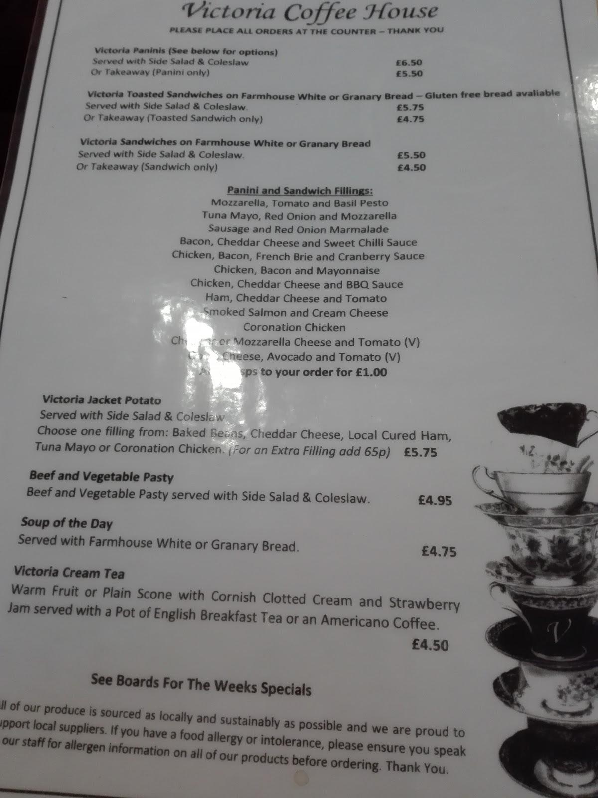 Menu at Victoria Coffee House, Moreton-in-Marsh