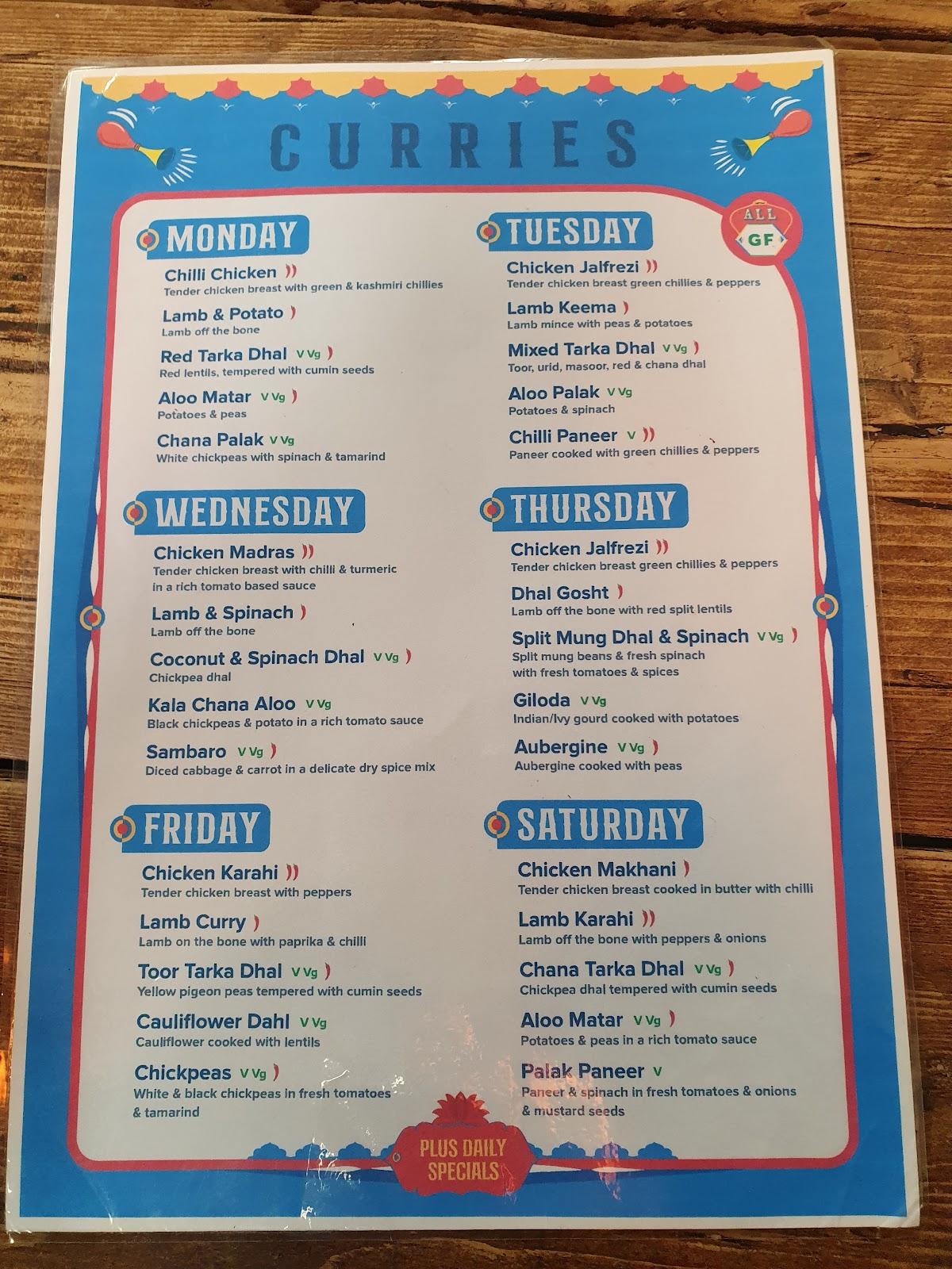 Menu at Chapati Cafe (media city), Salford