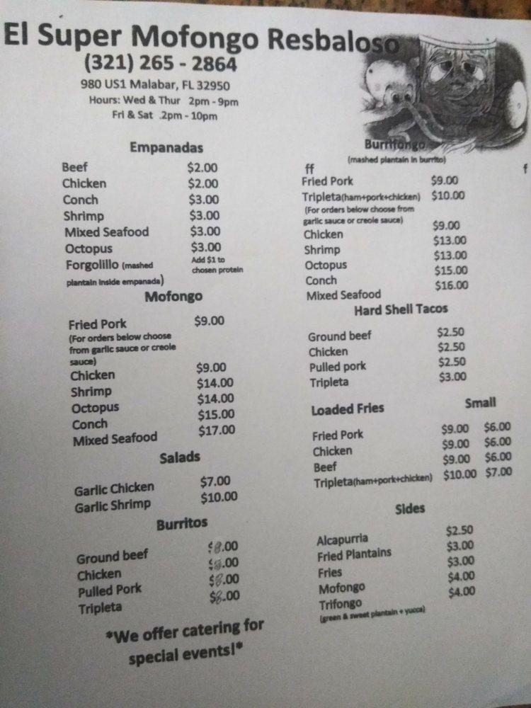 Menu at El Super Mofongo Resbaloso restaurant, Malabar, Port Malabar ...