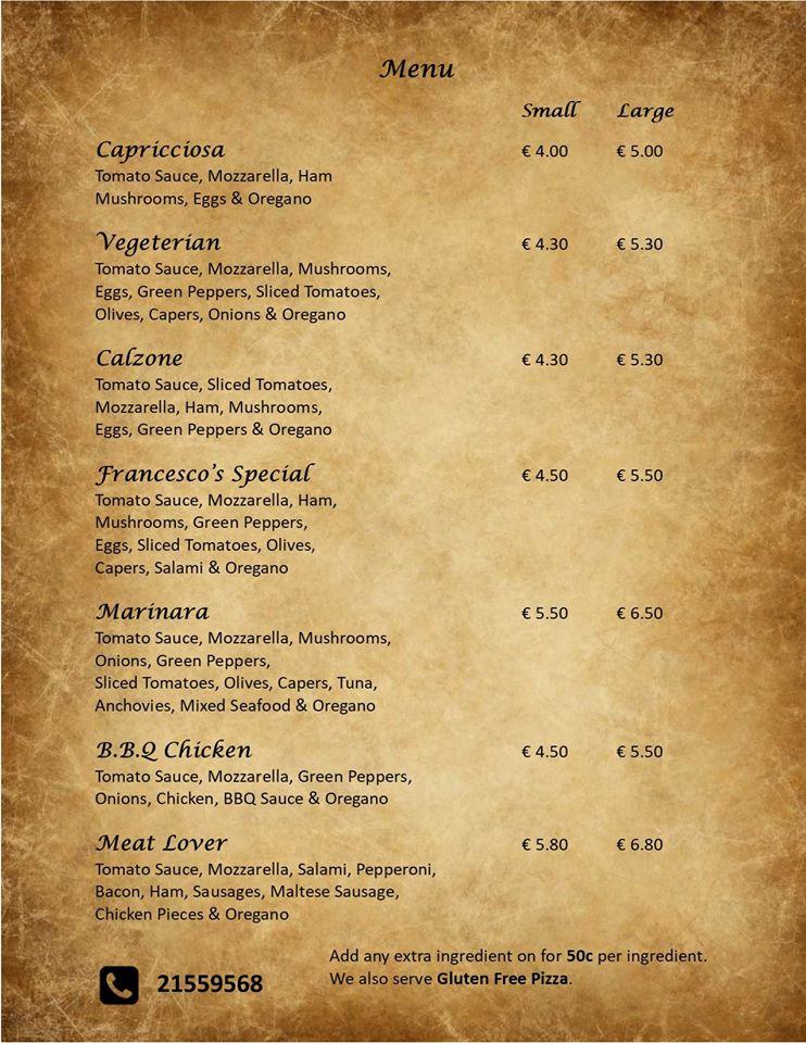 Speisekarte von Francesco's Special Pizza Iz-Zebbug, Żebbuġ