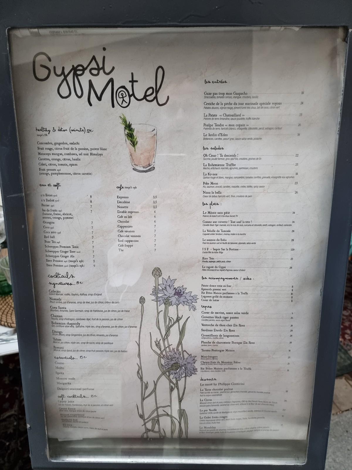 Menu au GYPSI MOTEL pub et bar, Paris, 5 Rue de Berri