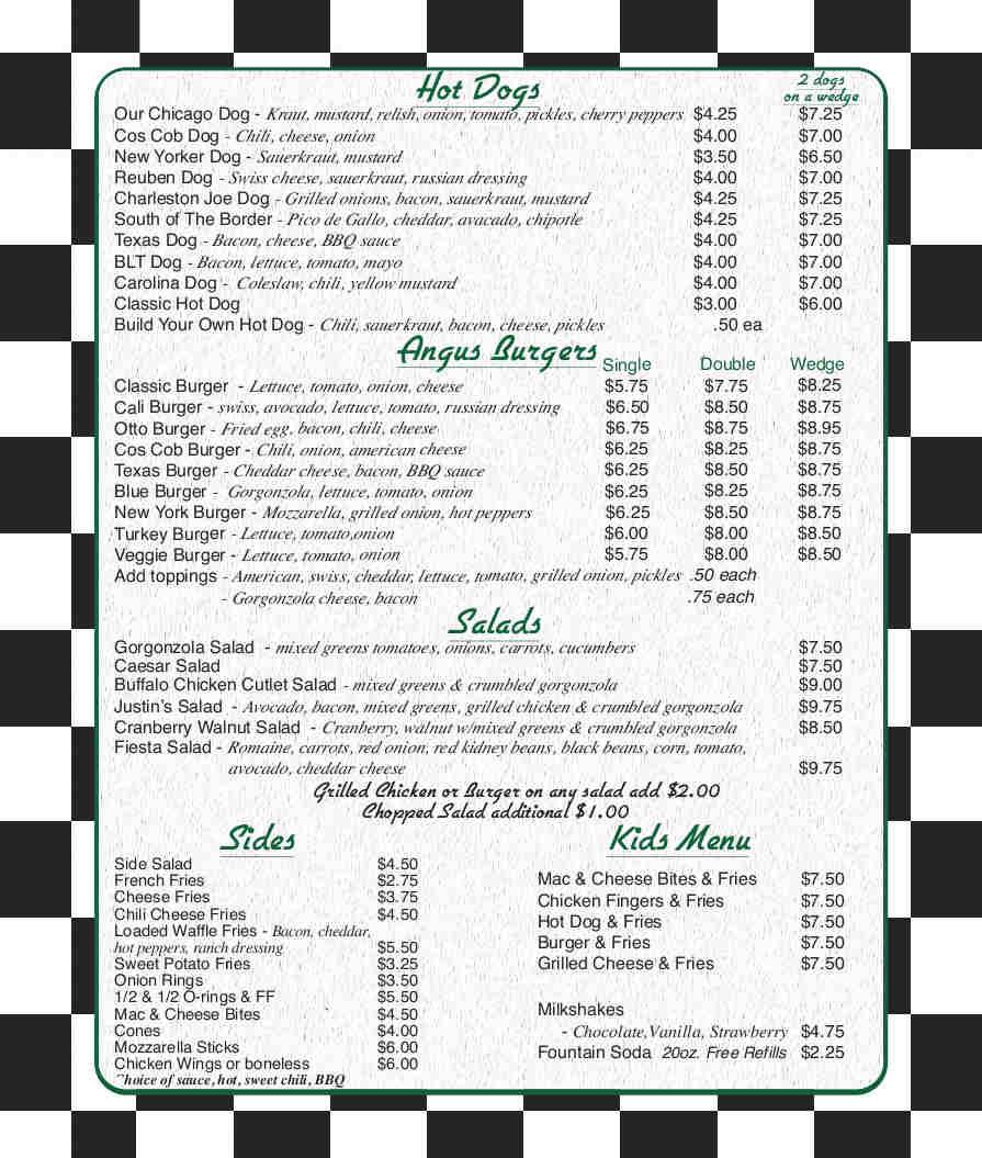 Menu at Joey B's restaurant, Greenwich