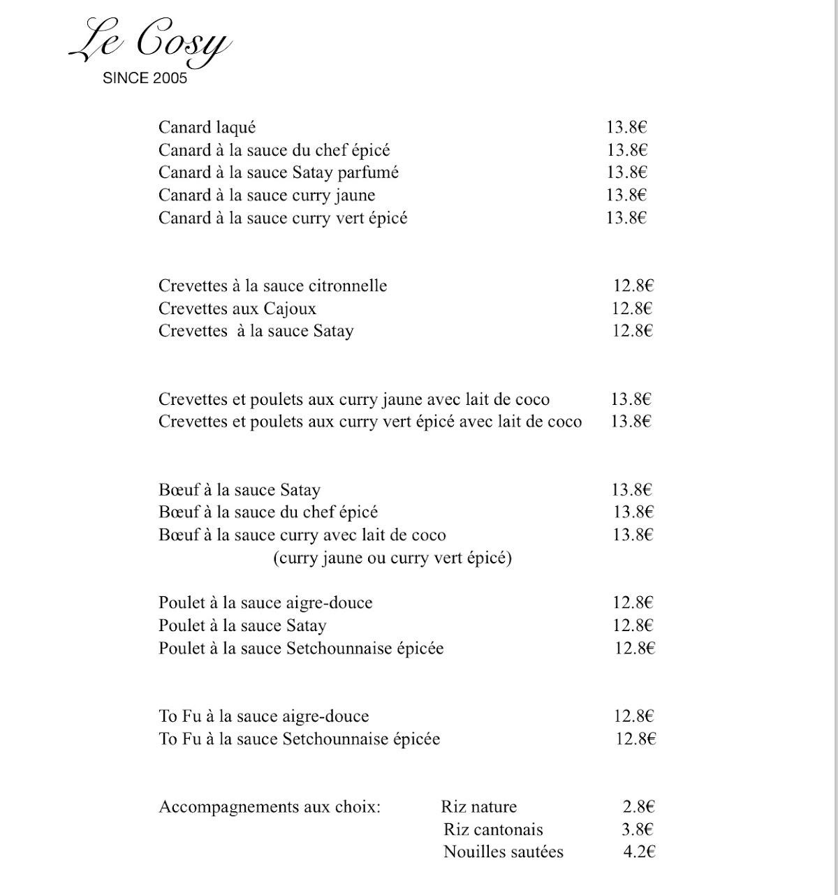 Menu au Le Cosy restaurant, Strasbourg
