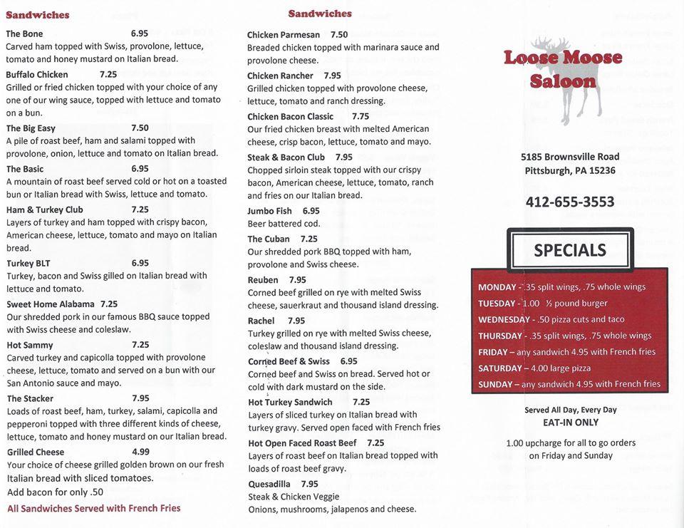 Menu at Loose Moose Saloon pub & bar, Baldwin