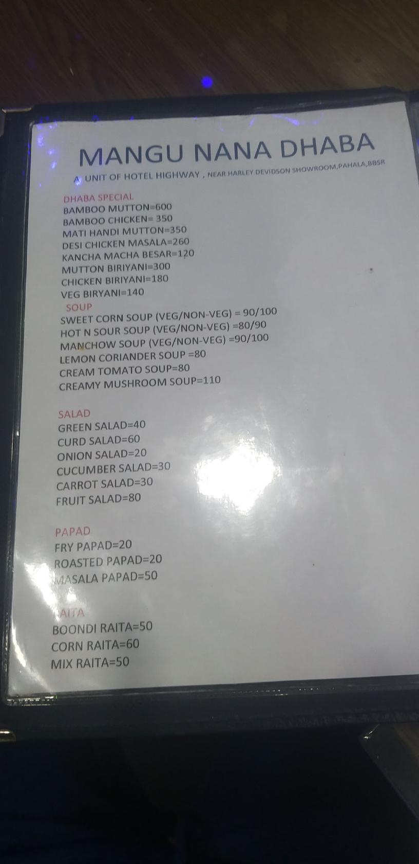 Menu at Mangu Nana Dhaba, Bhubaneswar