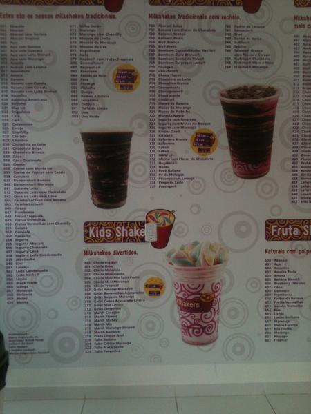 Menu at Milk Shakers, Torres