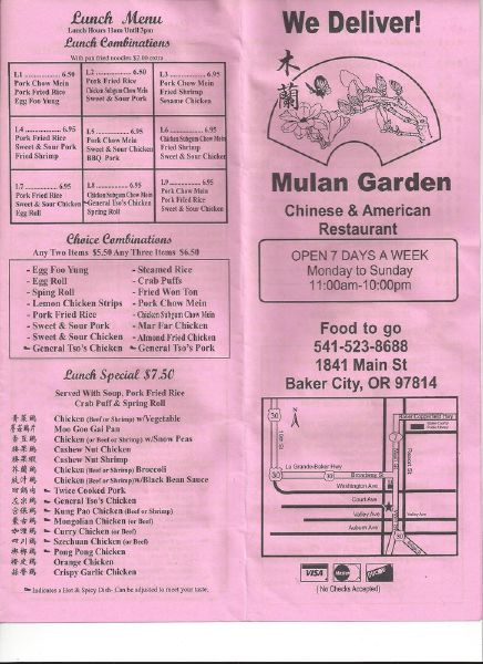 Menu at Mulan Garden Restaurant, Baker City