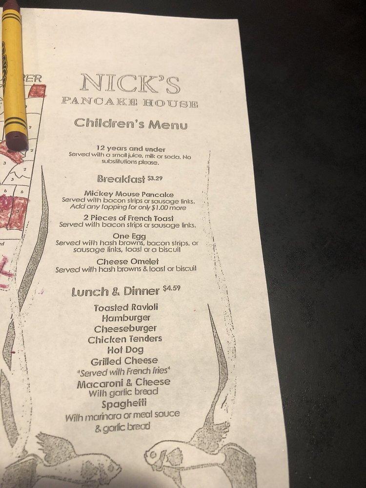 Menu at Nick's Pancake House restaurant, Jerseyville