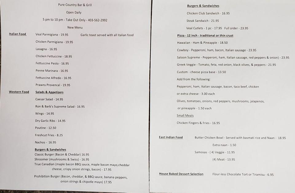 Menu at Pure Country pub & bar, Crowsnest Pass