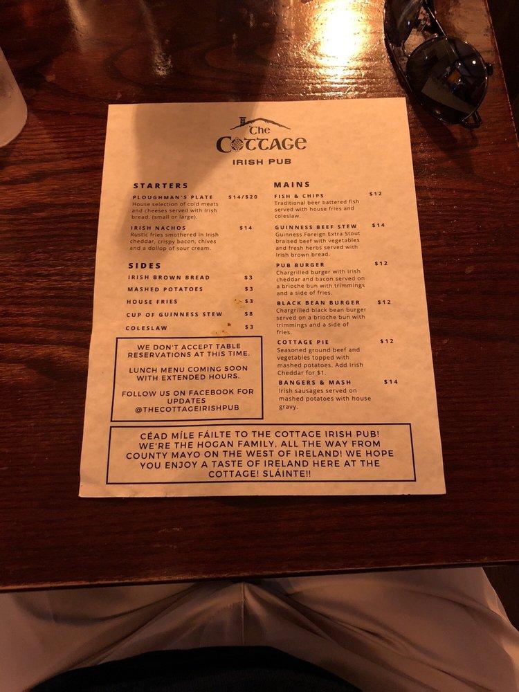 Menu at The Cottage Irish Pub, Melbourne