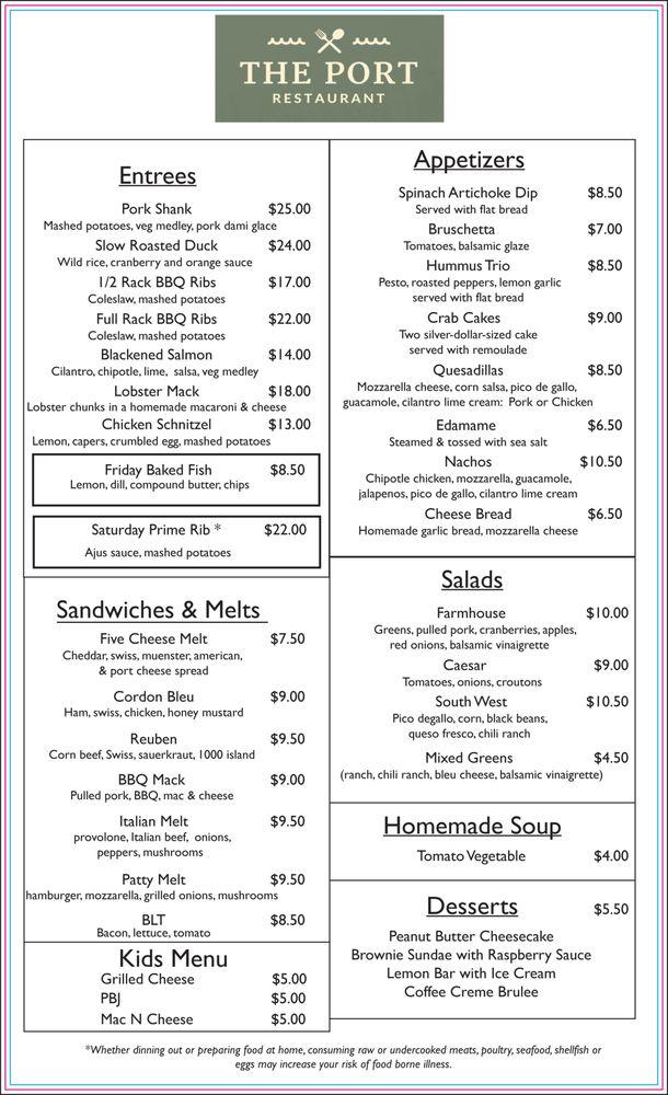 Menu at The Port Restaurant and Lounge, Lake Delton