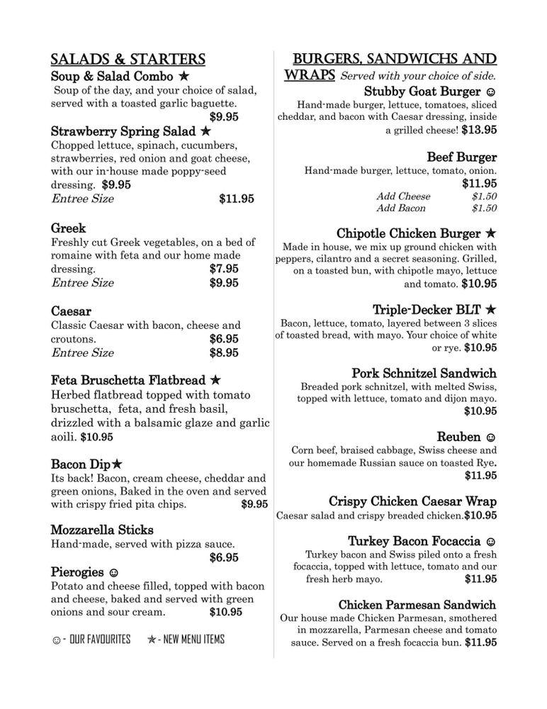 Menu at The Stubby Goat pizzeria, Chatham-Kent