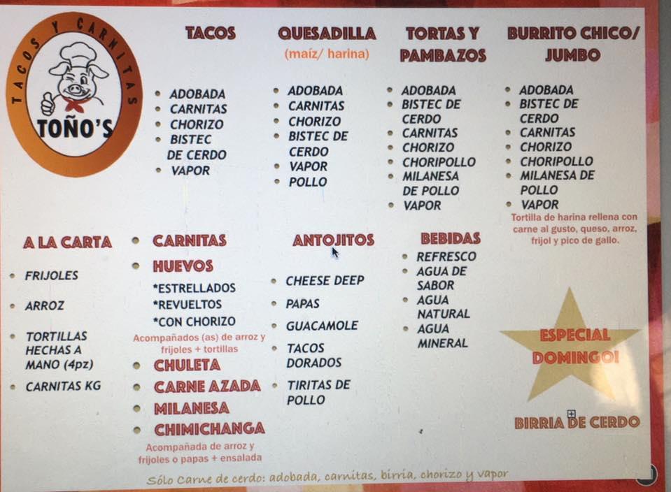 Menu at Toños restaurant, Manuel Doblado