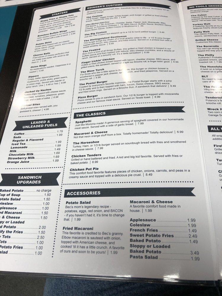Menu at Edinger's Filling Station restaurant, Pontiac