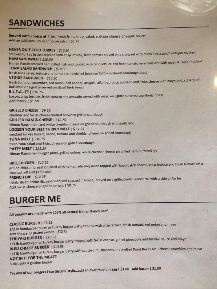 Menu at Four Sisters Cafe, Roseville
