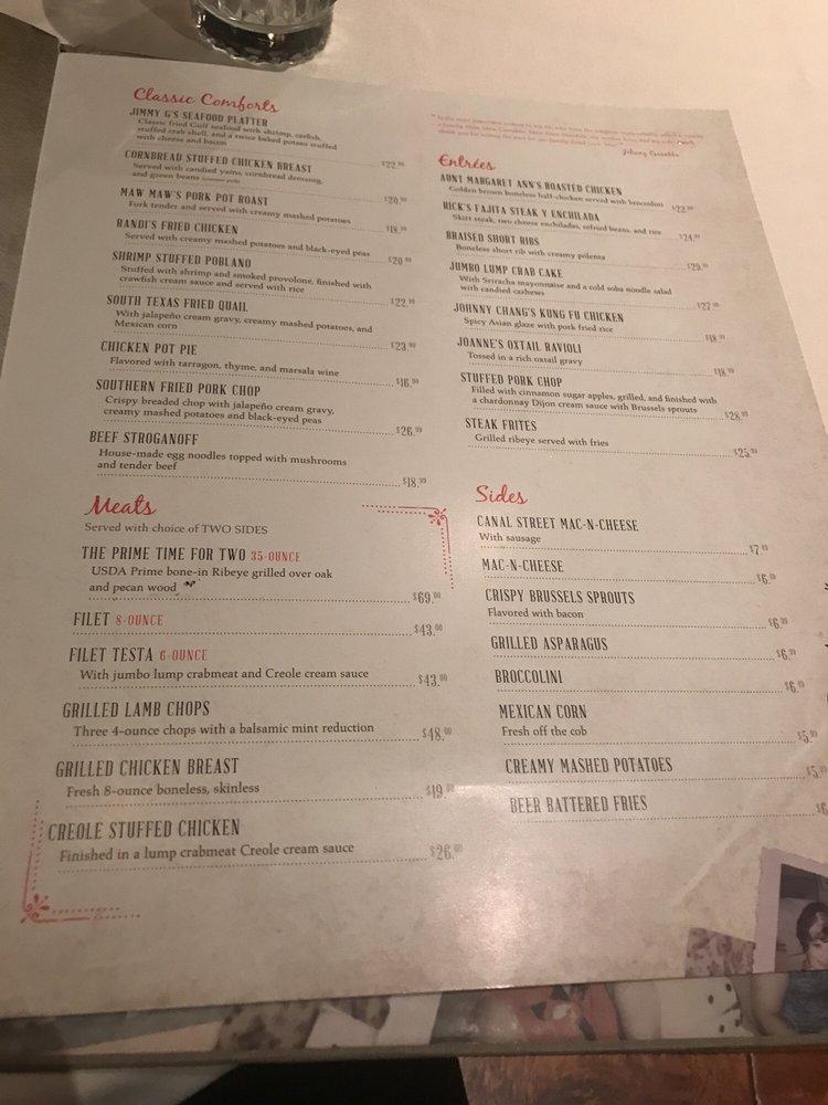 Menu at Grace's restaurant, Houston