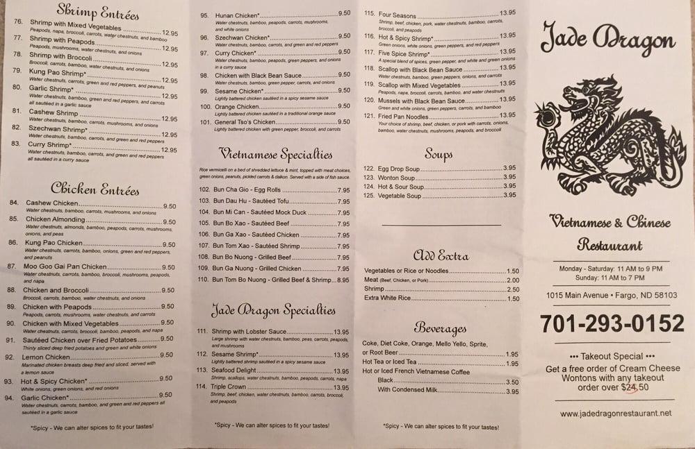 Carta del restaurante Jade Dragon, Fargo