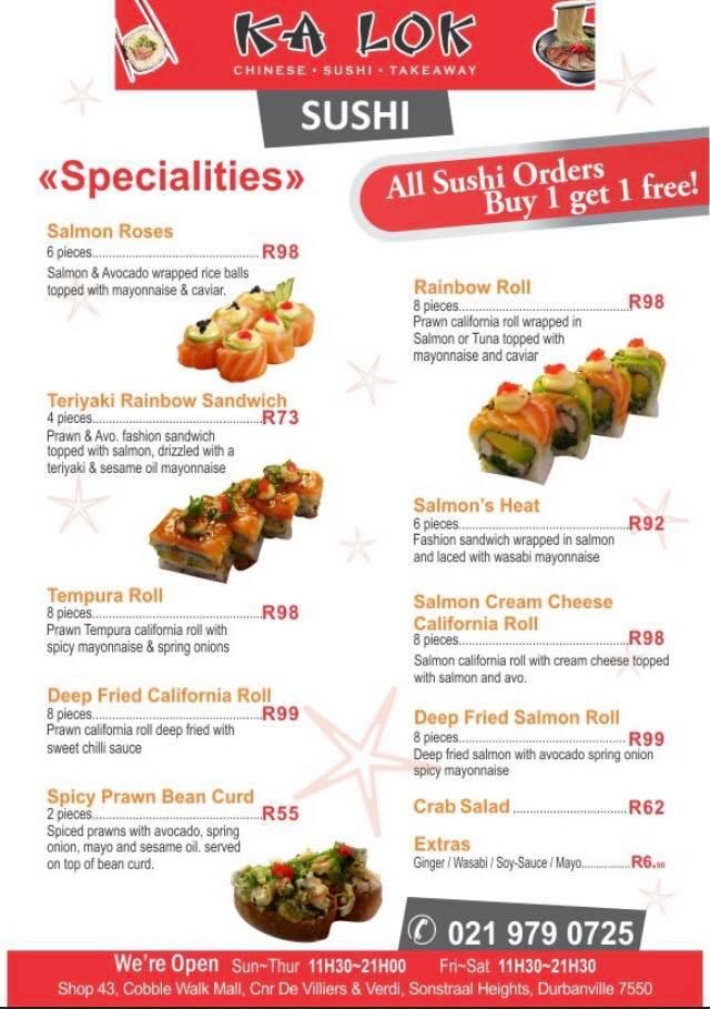 Menu at Kalok Sushi & Chinese Take Aways restaurant, Cape Town, Verdi Blvd