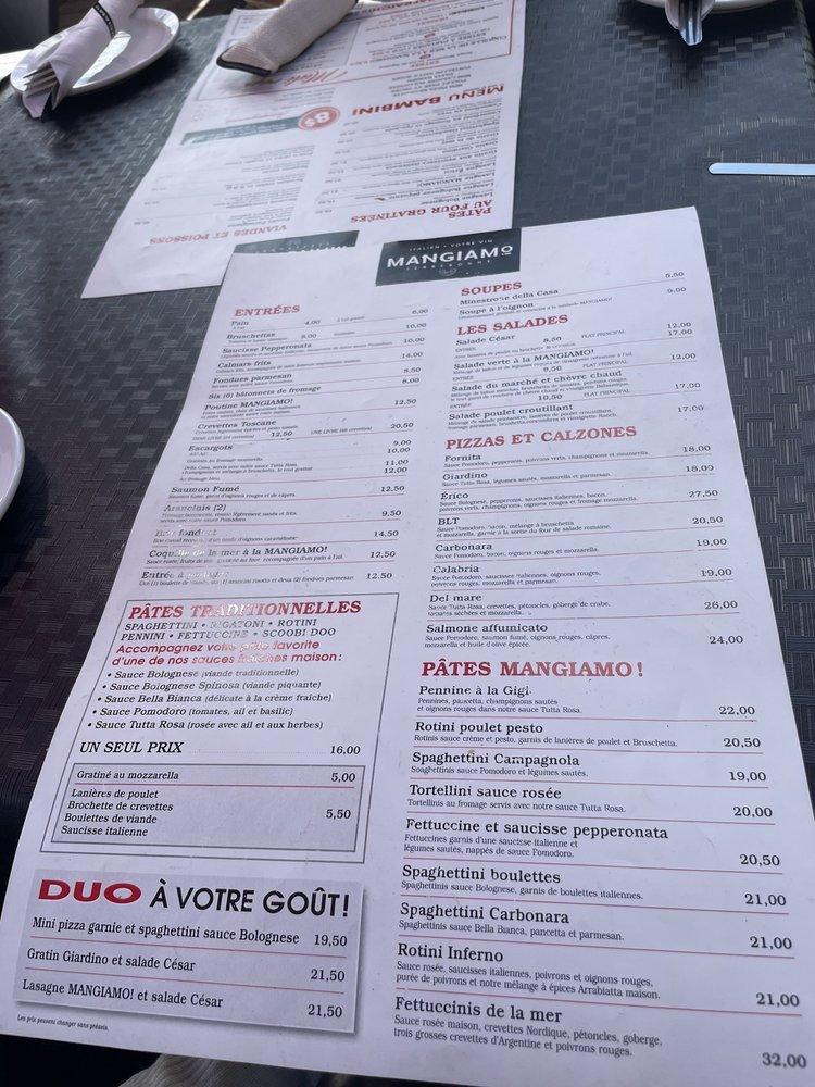 Menu au Mangiamo restaurant, Terrebonne