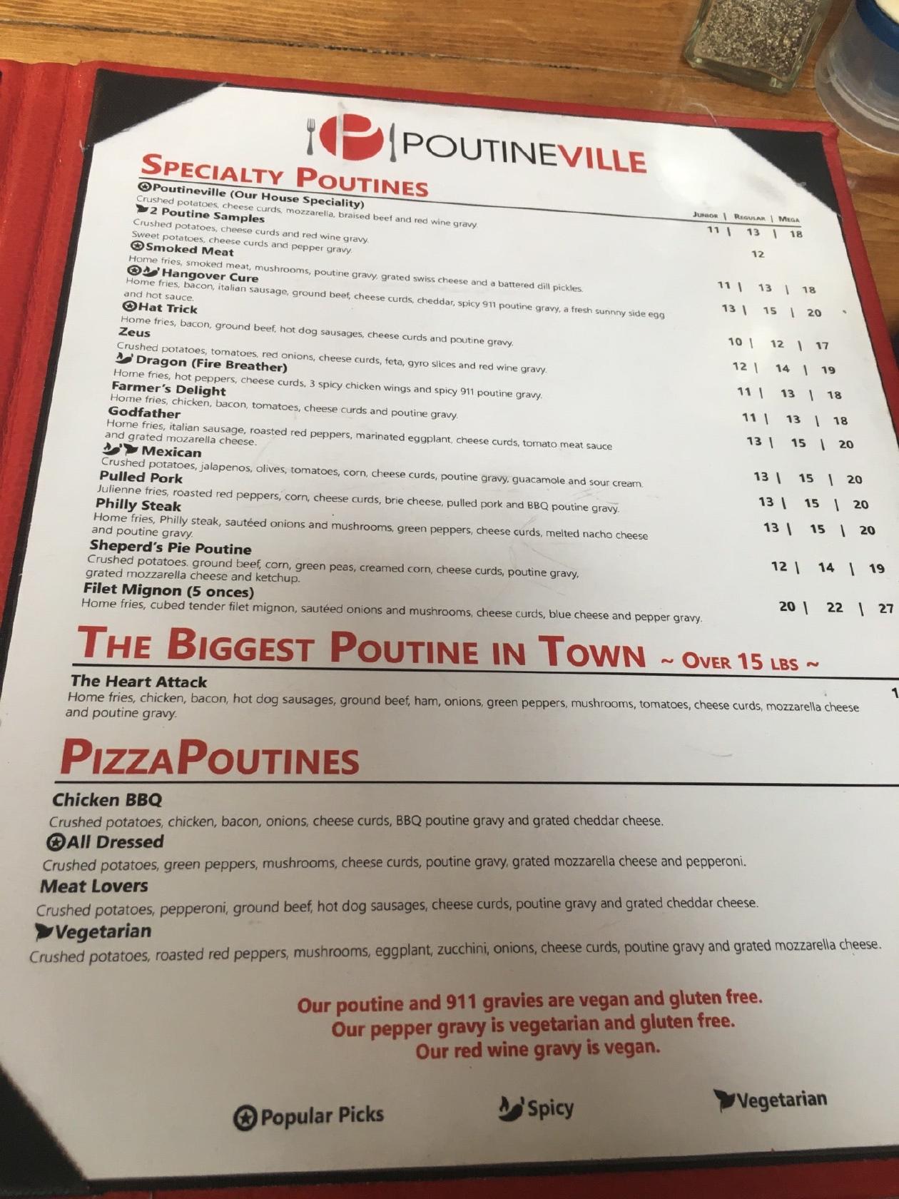 Menu at Poutineville restaurant, Québec City