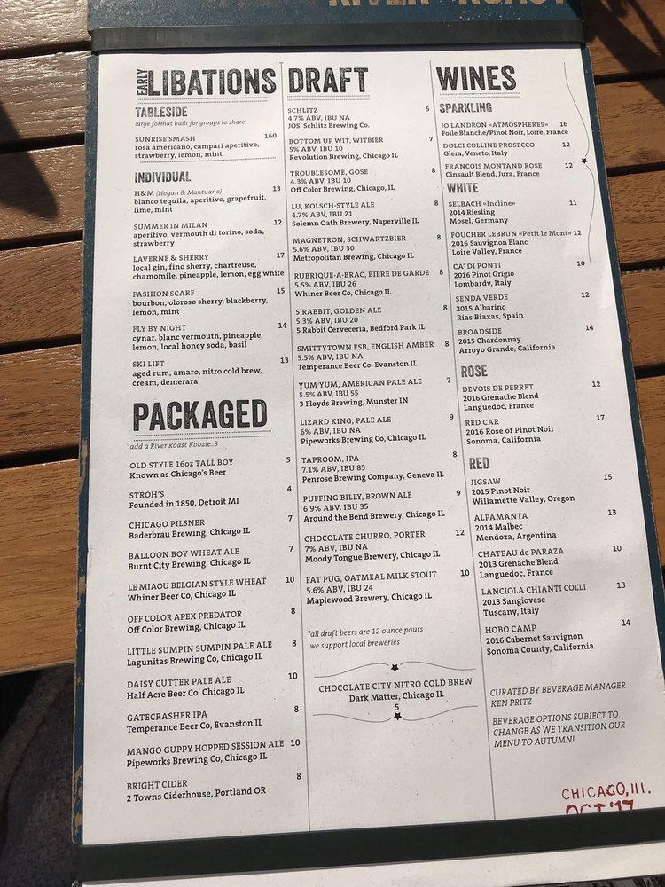 Menu at River Roast pub & bar, Chicago, 315 N La Salle St