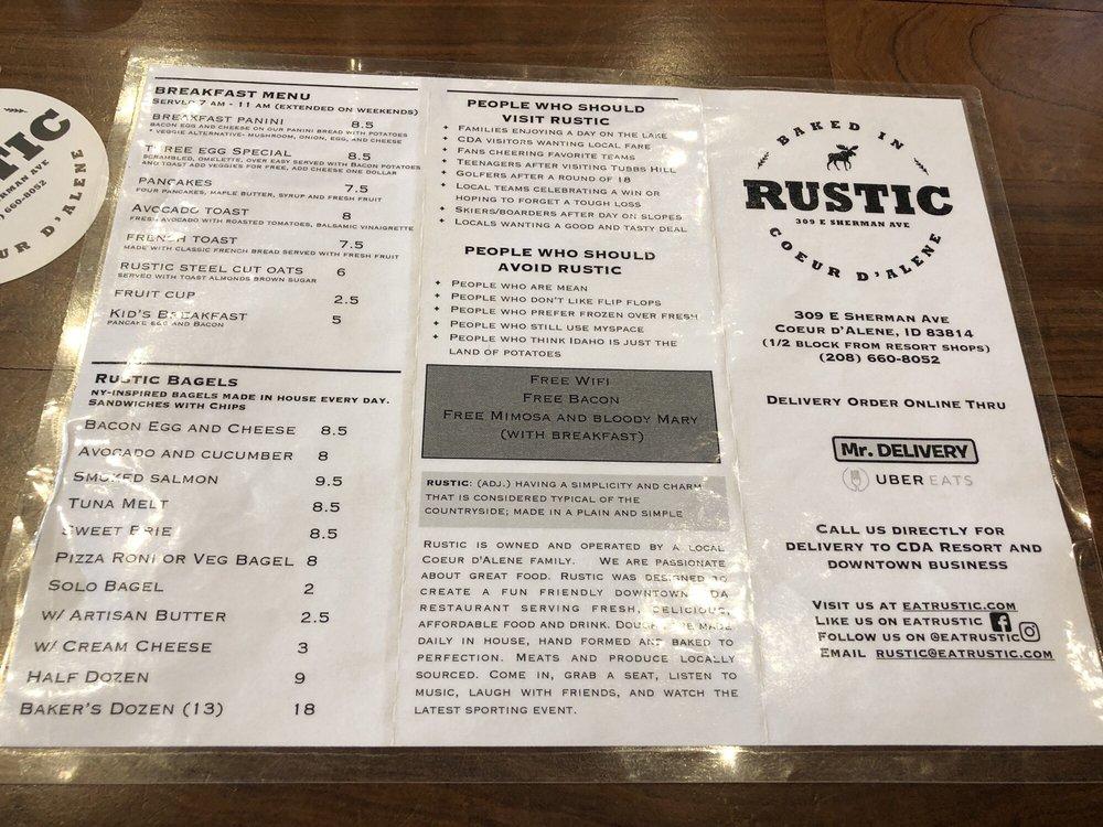 Menu at Rustic pizzeria, Coeur d'Alene