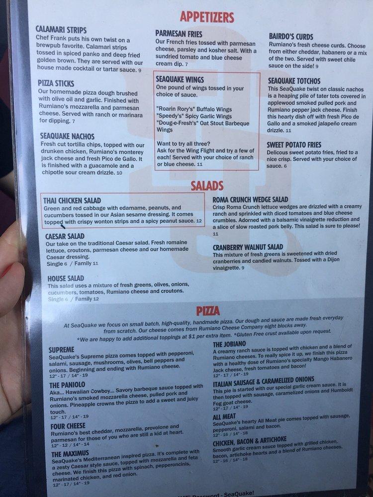 Menu at SeaQuake Brewing pizzeria, Crescent City