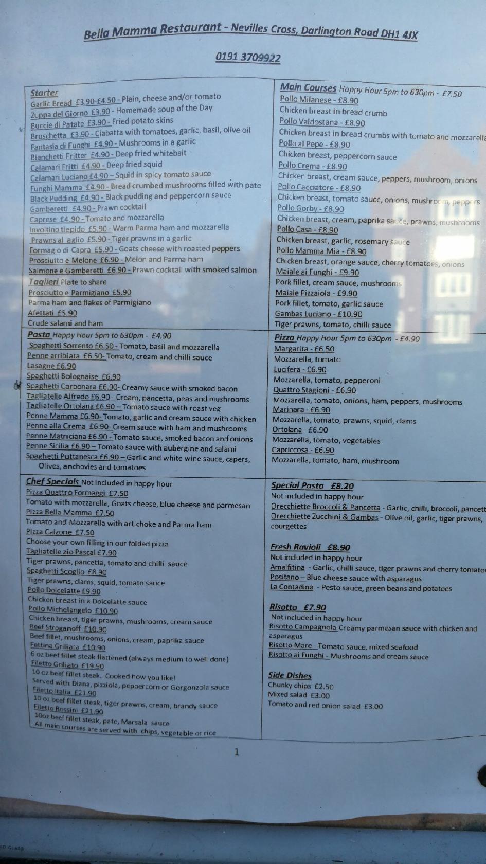 Menu at Bella Mamma Italian Restaurant, Durham
