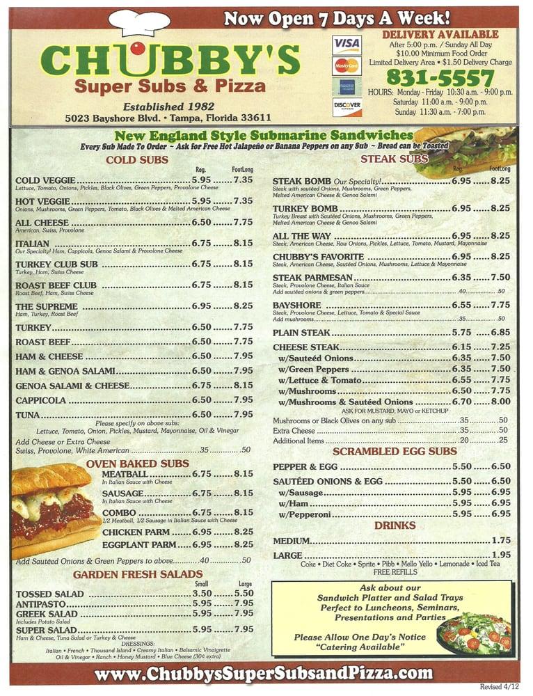 Menu at Chubby's Super Subs & Pizza pub & bar, Tampa